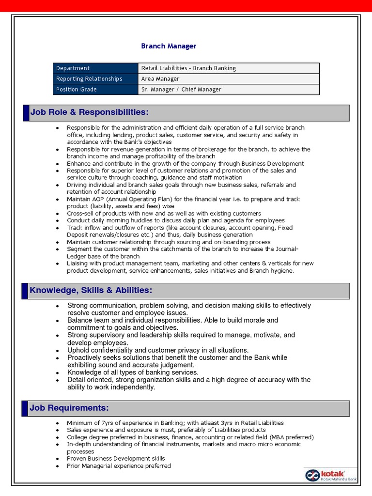 Bank Manager Job Description