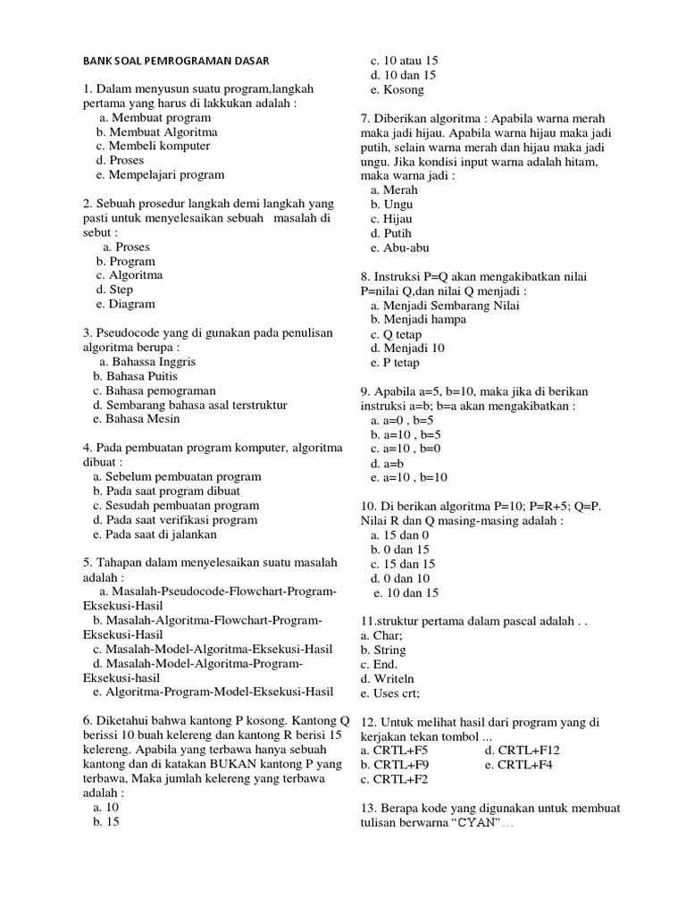 Bank Soal Pemrograman Dasar PDF | PDF