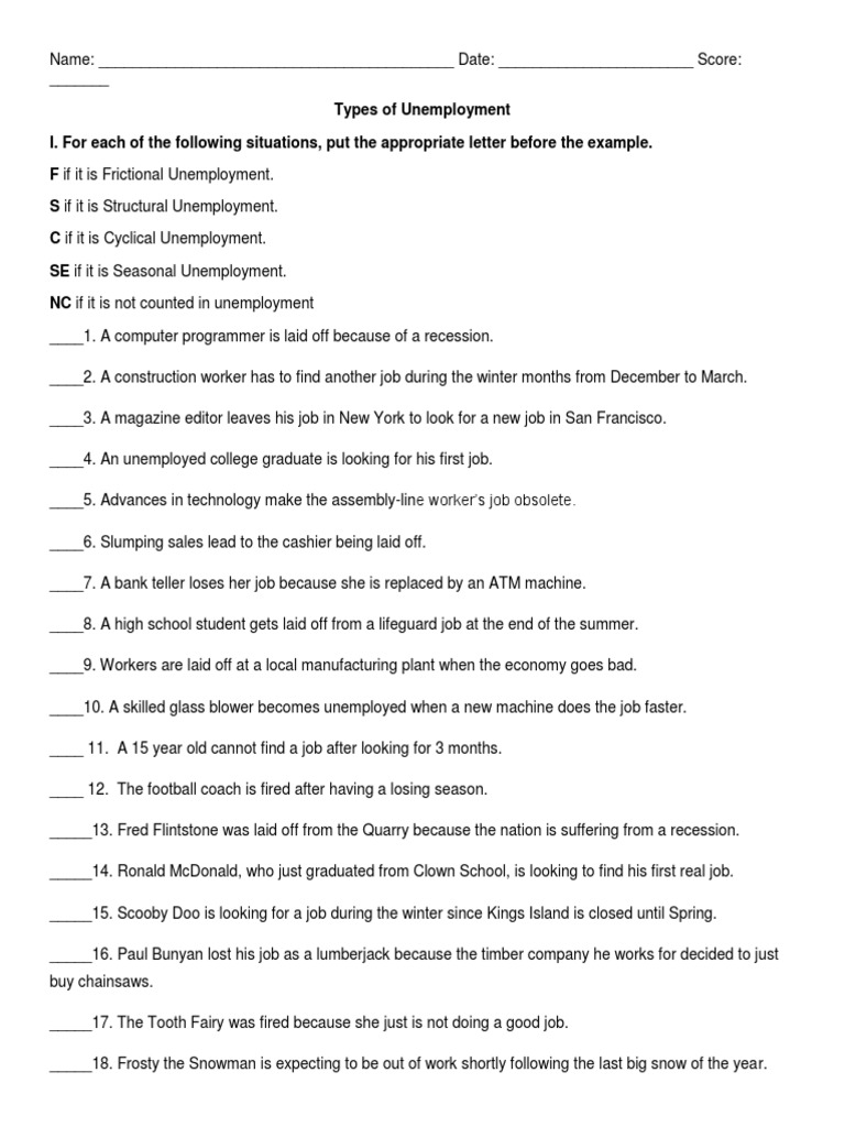 Unemployment Types and Rates Worksheet | PDF | Unemployment | Social ...