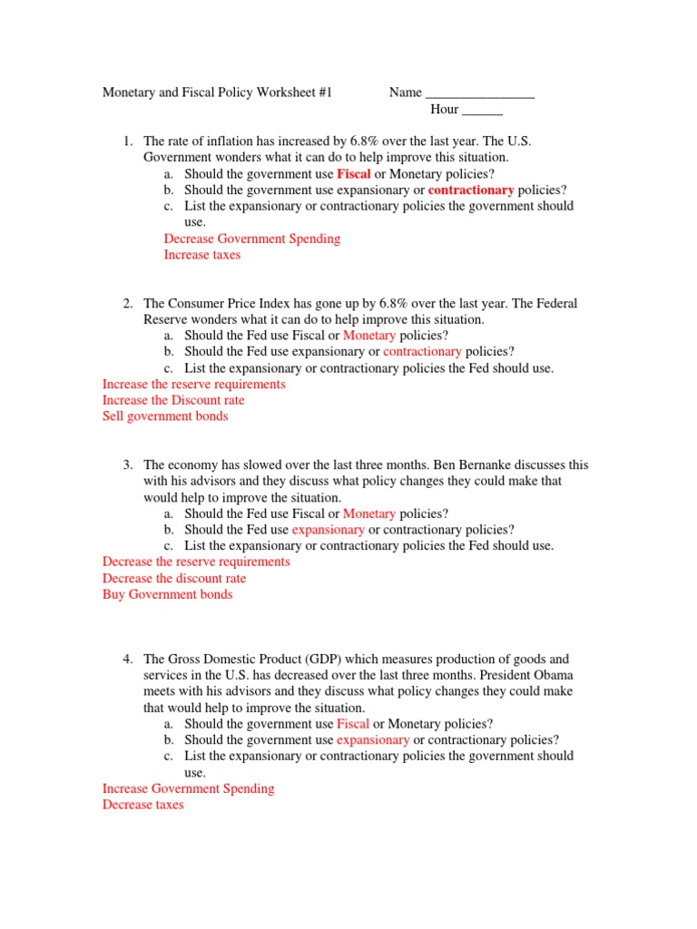 Monetary and Fiscal Policy Worksheet 1 With Answers | PDF | Monetary ...