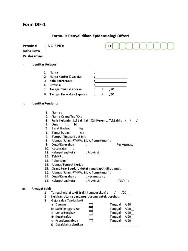 Form DIF-1 - Formulir Penyelidikan Epidemiologi Difteri | PDF