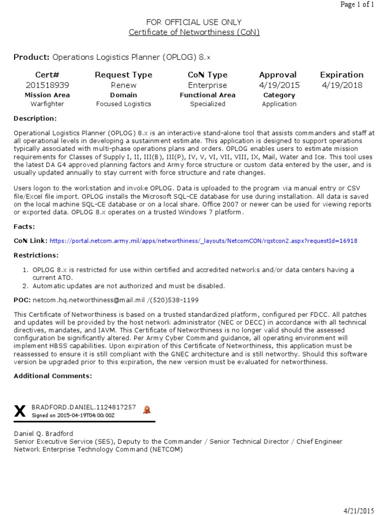 OPLOG Planner CON Expires19apr2018 | PDF | Databases | Computer Engineering