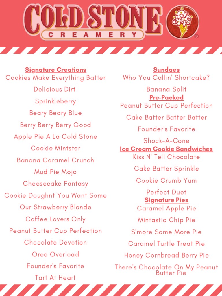 Cold Stone Creamery Menu | PDF | Cakes | Chocolate