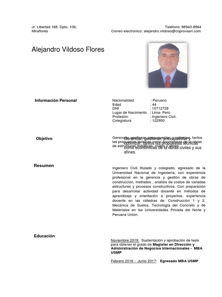 CV Ing. Alejandro Vildoso Actualizado | PDF | Ingeniería | Lima