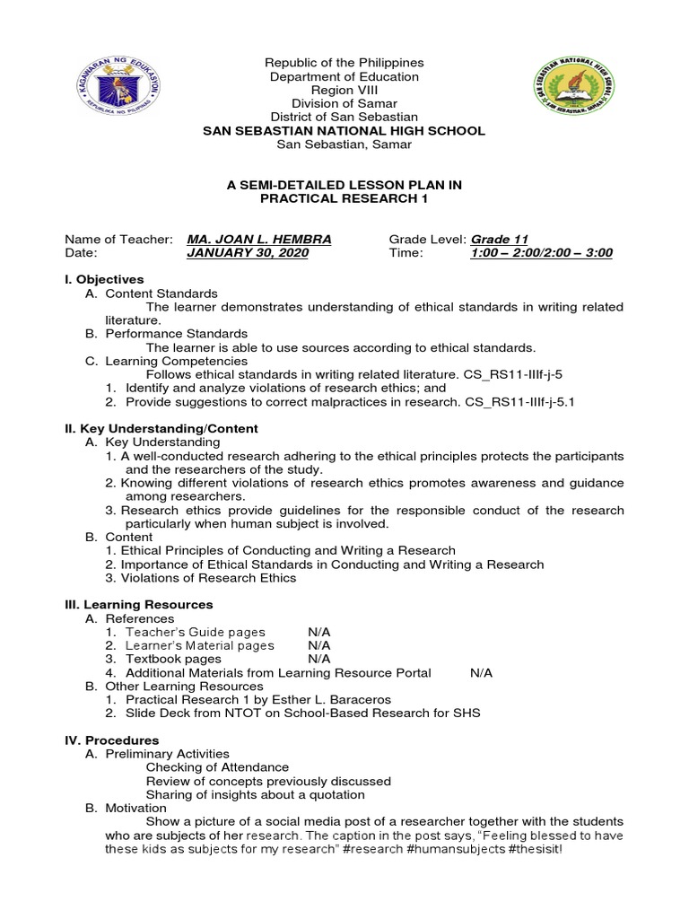 Lesson Plan in Research Ethics | PDF | Question | Cognitive Science