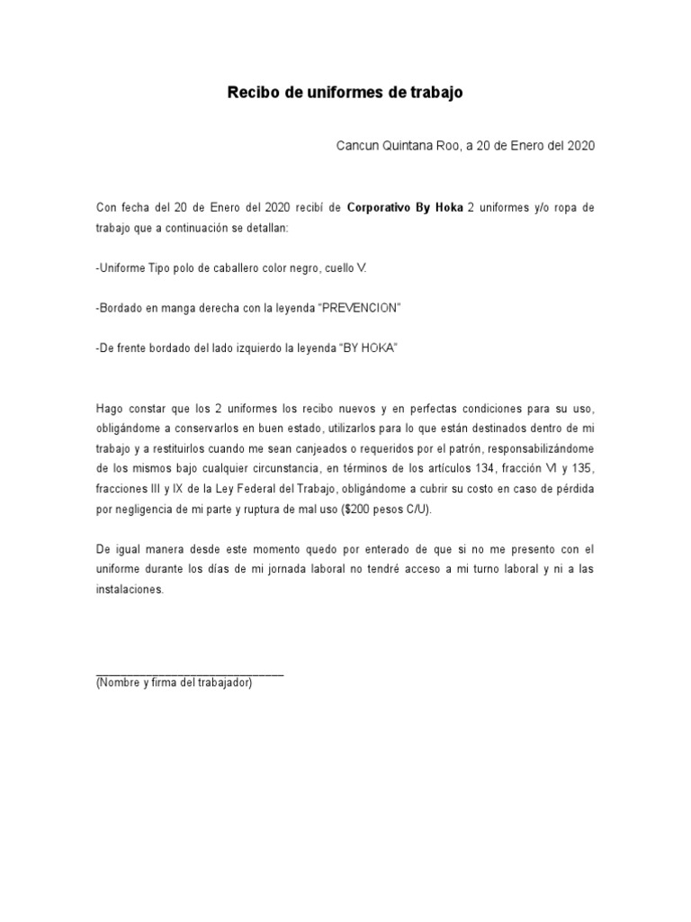 Recibo de uniformes de trabajo Corporativo By Hoka | PDF