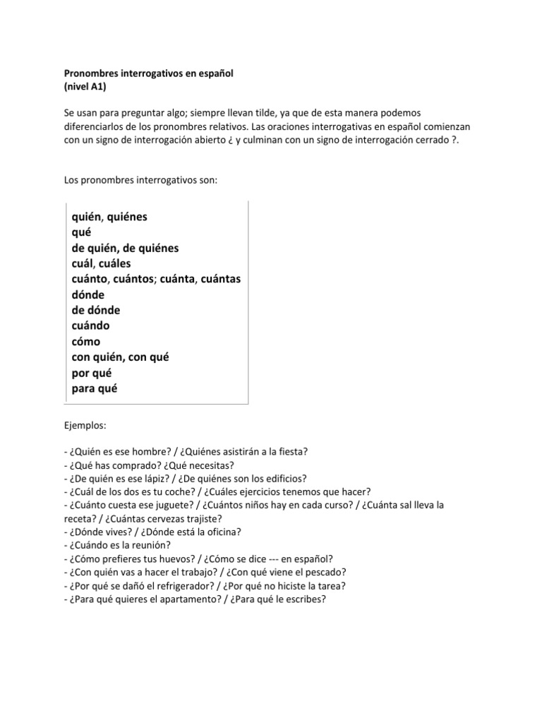 Pronombres Interrogativos en Español A1 | PDF