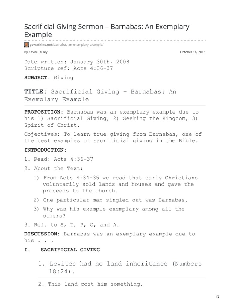 Sacrificial Giving Sermon Barnabas An Exemplary Example | PDF ...