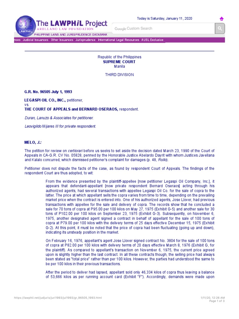 Legaspi Oil Co. vs. CA, G.R. No. 96505, 1 July 1993 | PDF | Lawsuit ...