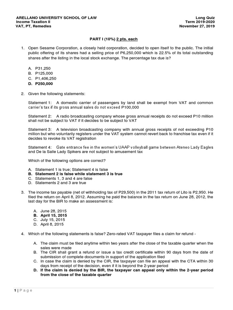 Long-Examination 2 ARELLANO W Ans-1 | PDF | Internal Revenue Service ...