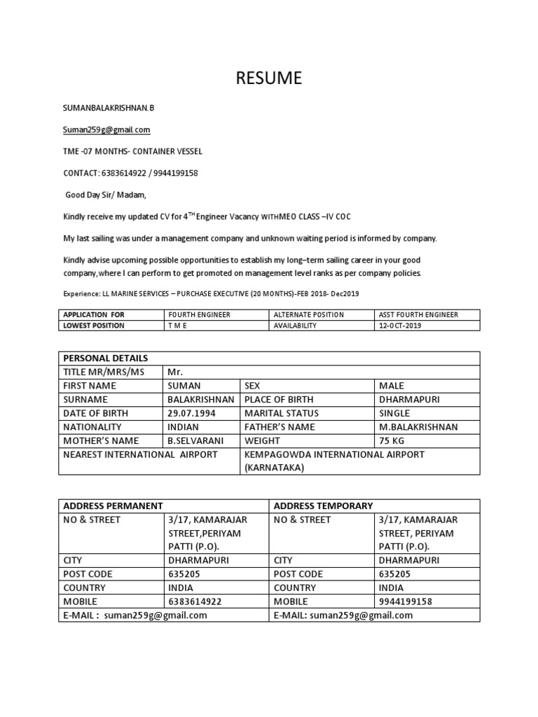 Merchant Navy Resume for 4th Engineer | PDF | Shipping | Water Transport