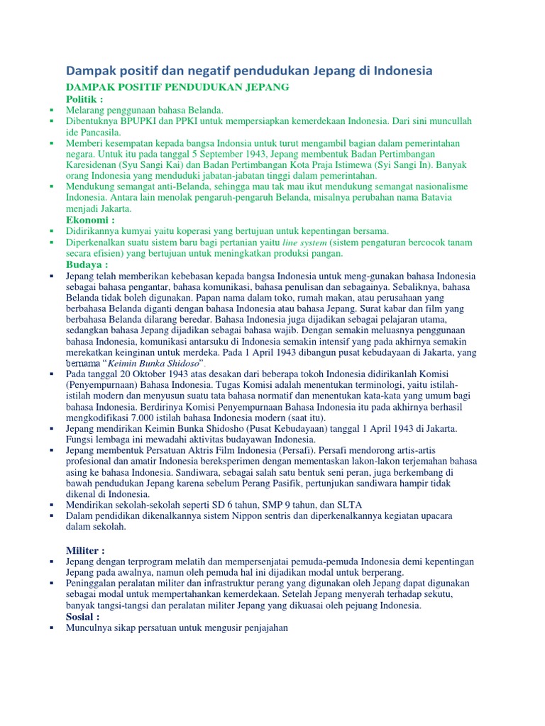Dampak Positif Dan Negatif Pendudukan Jepang Di Indonesia | PDF