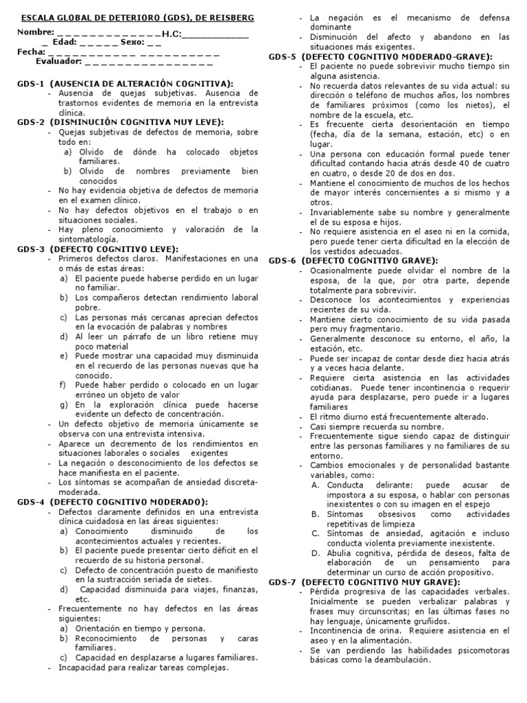 ESCALA GLOBAL DE DETERIORO (GDS), DE REISBERG S (ALTERACIÓN COGNITIVA) | PDF | Ansiedad | Memoria