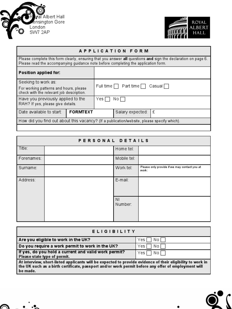 Royal Albert Hall Kensington Gore London Sw7 2ap: Application Form ...