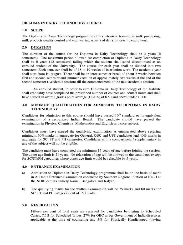 Diploma in Dairy Technology | PDF | University And College Admission ...