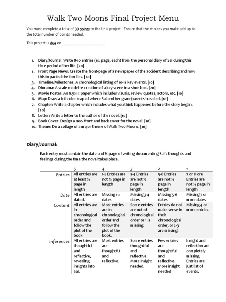Walk Two Moons Final Project Menu | Download Free PDF | Spelling ...
