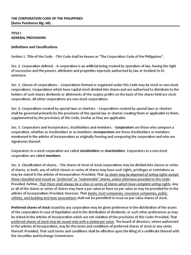 The Corporation Code of The Philippines (Batas Pambansa Blg. 68) Title ...