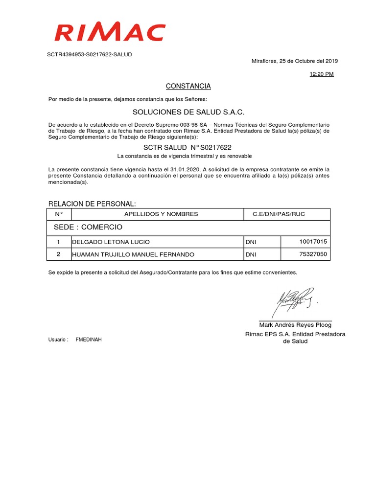 Ejemplo de Poliza de SCTR | PDF | Póliza de seguros | Reaseguro