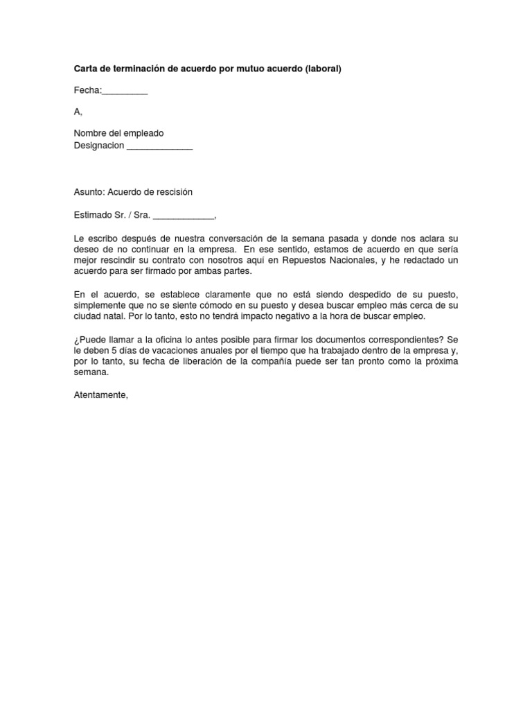 Carta de Terminación de Acuerdo Por Mutuo Acuerdo | PDF