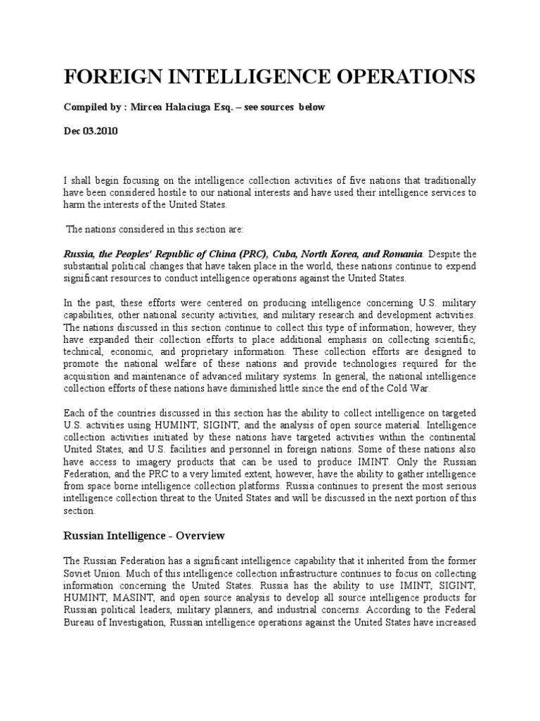 Foreign Intelligence Operations | PDF | Foreign Intelligence Service ...