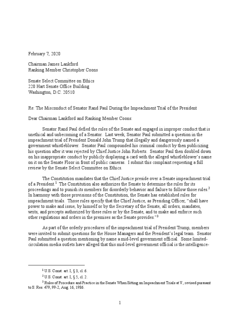 Lankford Letter Re Ethics Complaint | Whistleblower | United States Senate