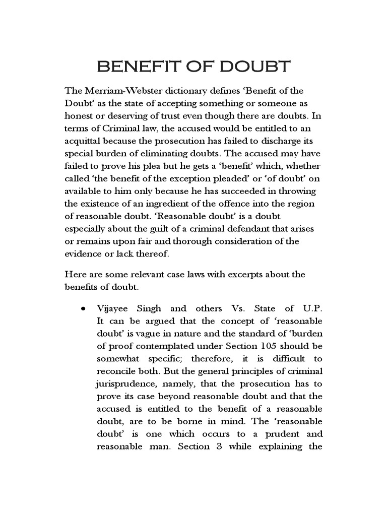 Benefit of Doubt PDF | PDF | Burden Of Proof (Law) | Doubt