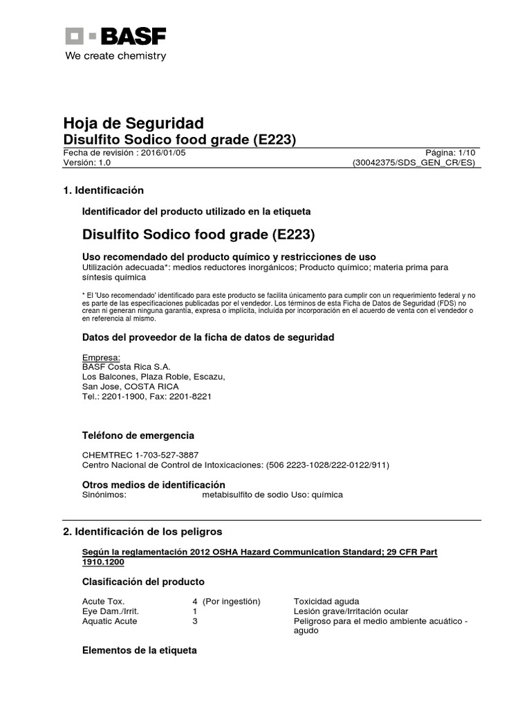 Hoja MSDS Metabisulfito de Sodio. Basf PDF | PDF | Toxicidad | Agua