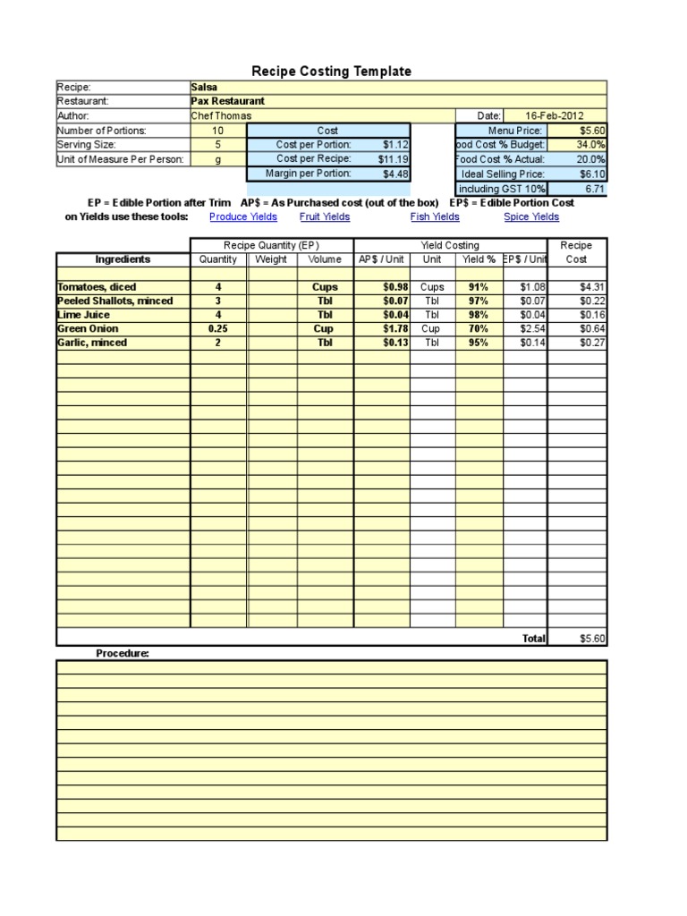Salsa Recipe Costing Template | PDF