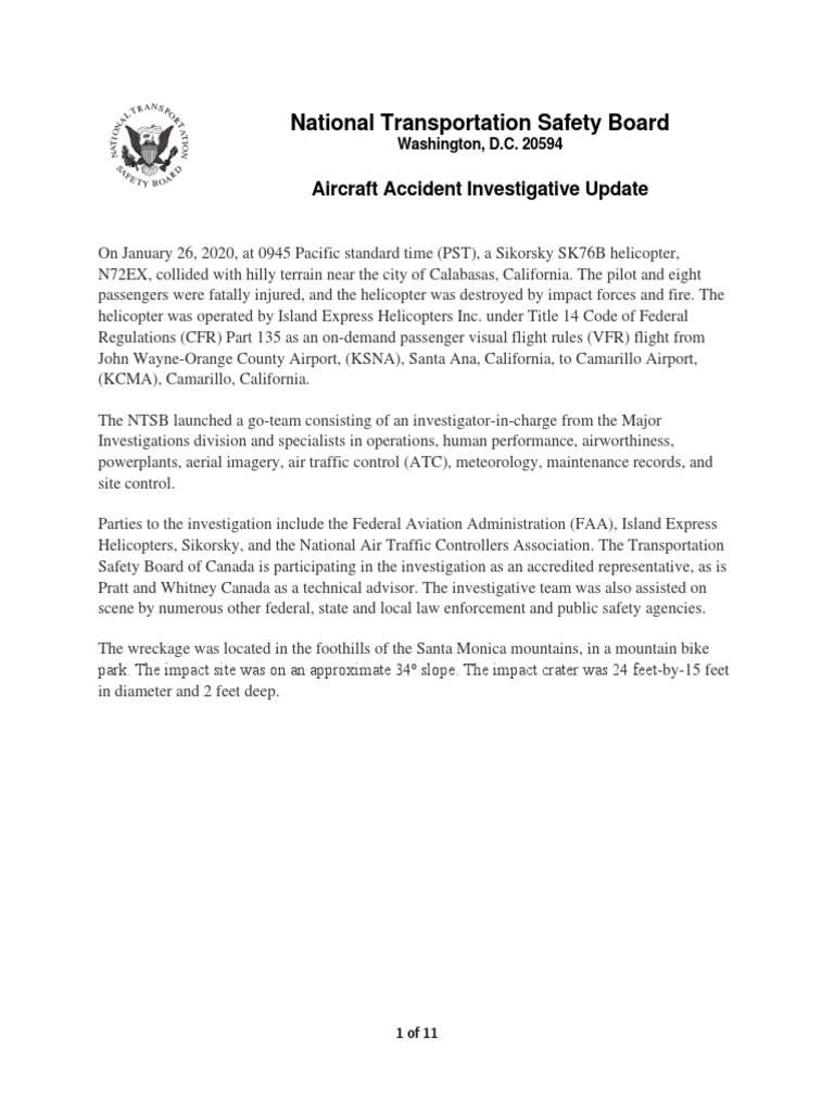 Ntsb Investigative Update On Helicopter Crash That Killed Kobe Bryant