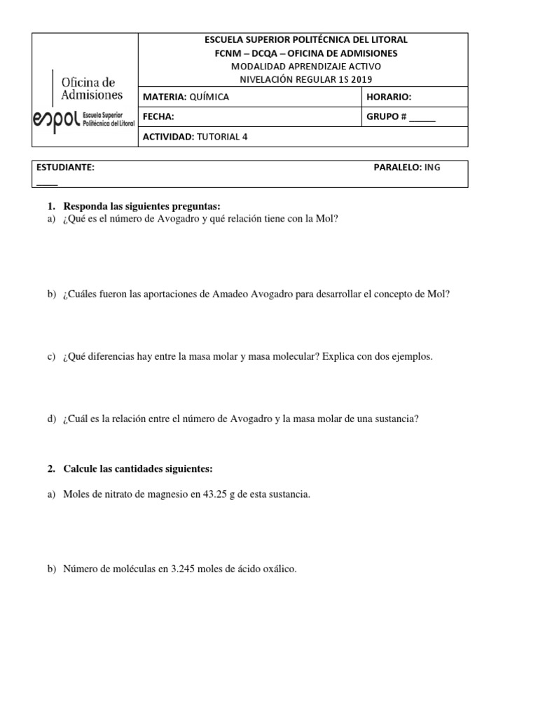 Numero de Avogadro | PDF | Mole (Unidad) | Carbón