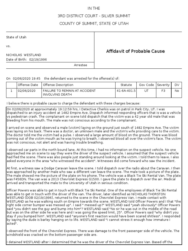 Nicholas Westland Probable Cause Statement | PDF | Van | Arrest