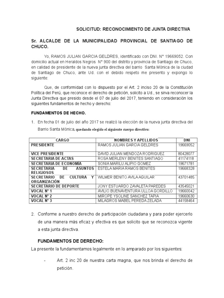 Solicitud de Reconocimiento de Junta Directiva | PDF | Gobierno | Información del gobierno