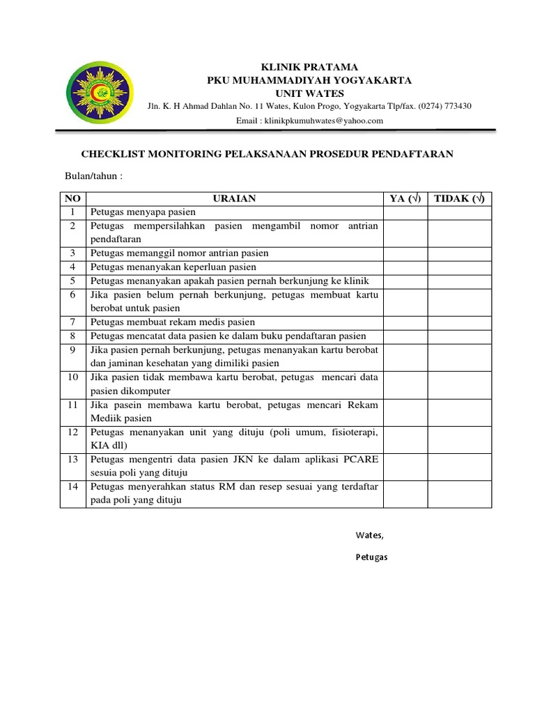 Checklist Monitoring Pelaksanaan Prosedur Pendaftaran | PDF
