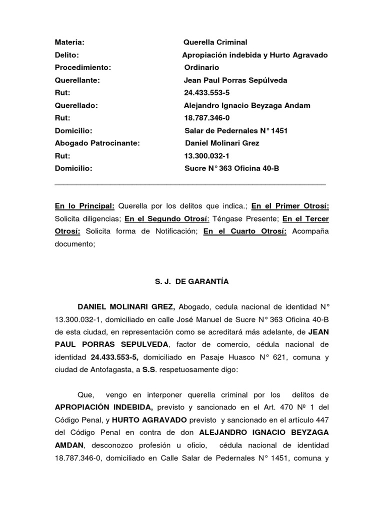 Querella Jean Paul Porras | PDF | Queja | Derecho penal