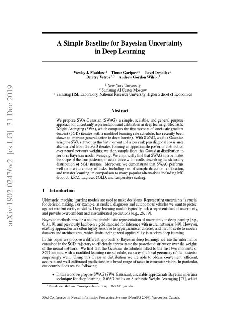 A Simple Baseline For Bayesian Uncertainty in Deep Learning | PDF | Statistical Inference | Deep ...