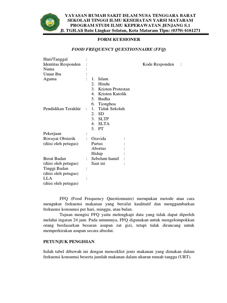 Formulir Kuisioner FFQ Pola Makan | PDF