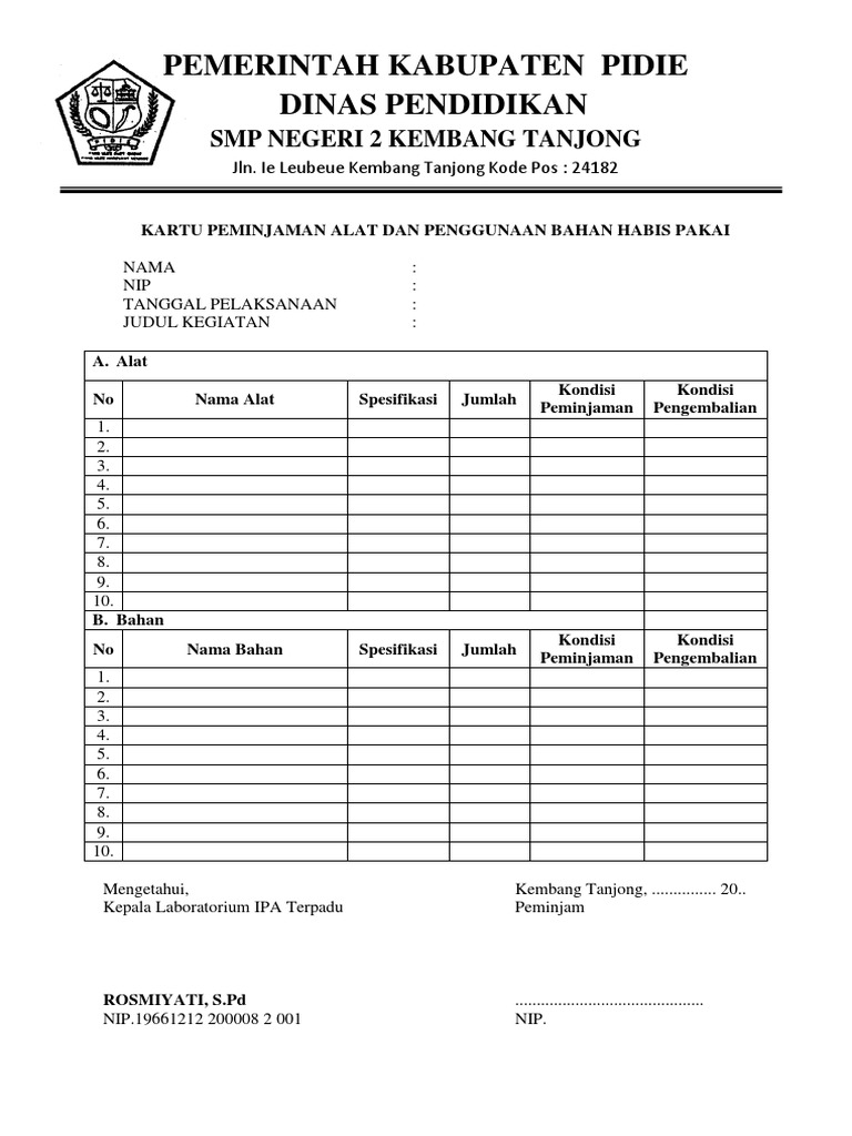Kartu Peminjaman Alat dan Bahan SMP | PDF