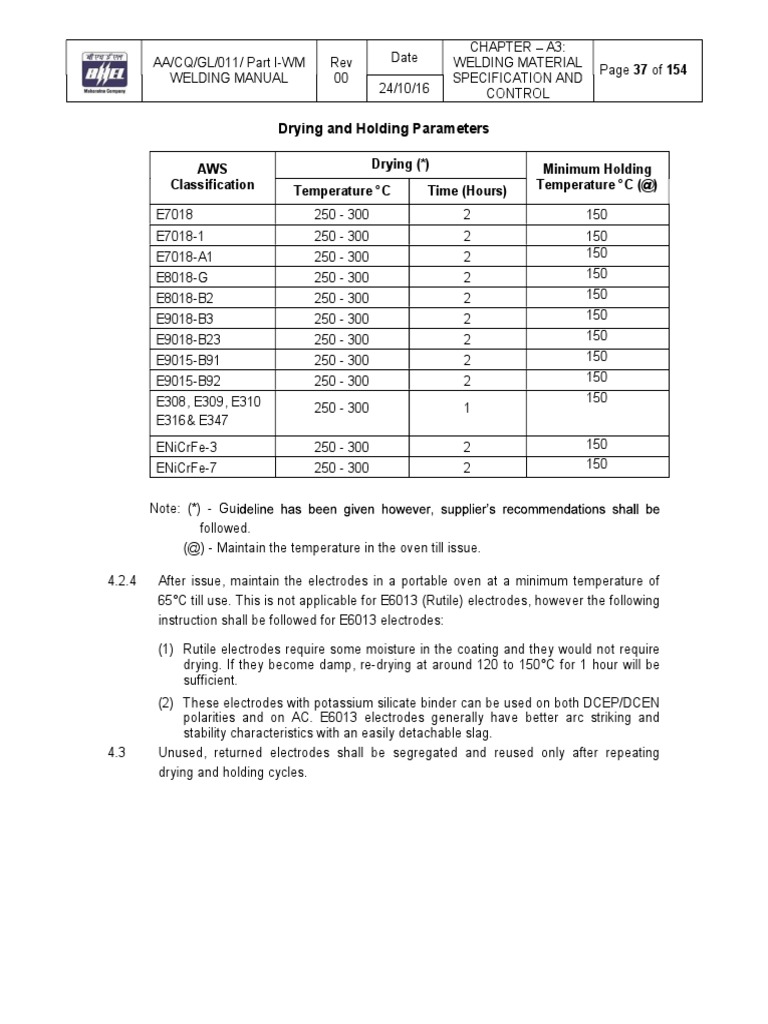 Baking and Drying Temperature of Electrodes | PDF | Welding | Construction