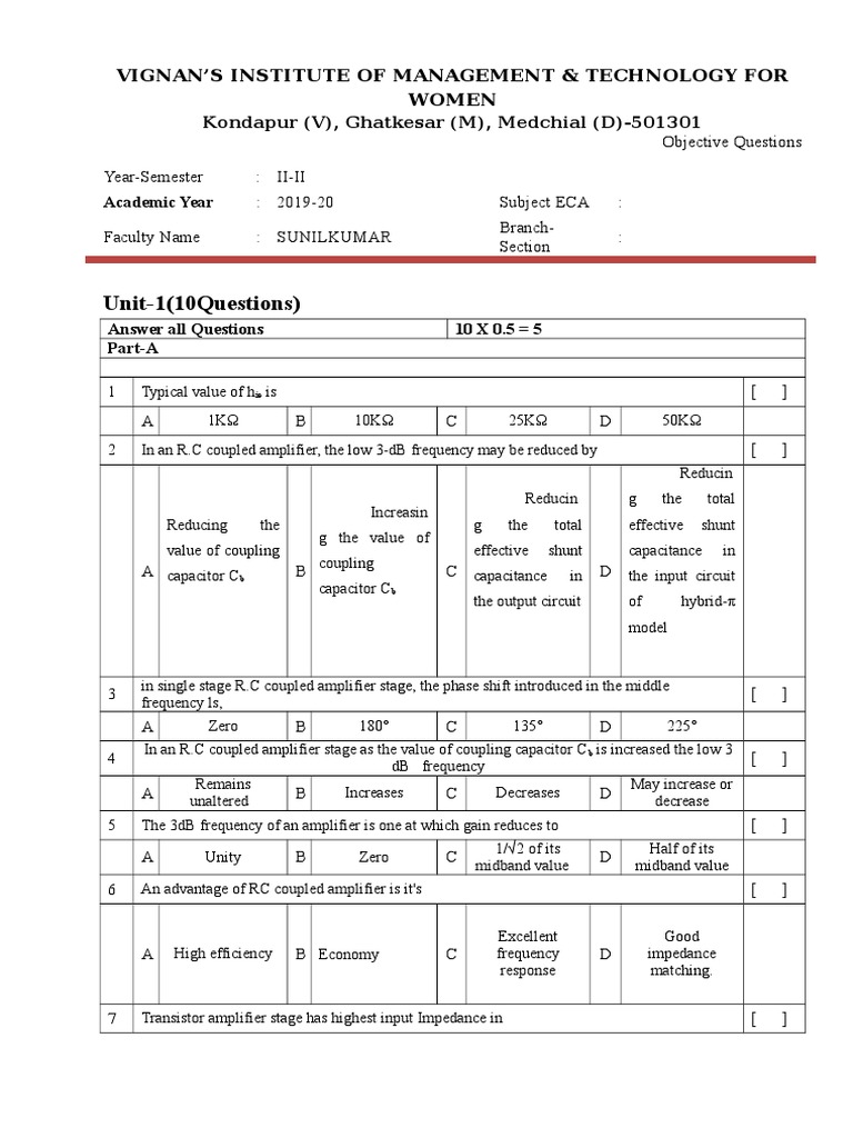Mid Objective Questions Bank Format | PDF | Amplifier | Electronic ...