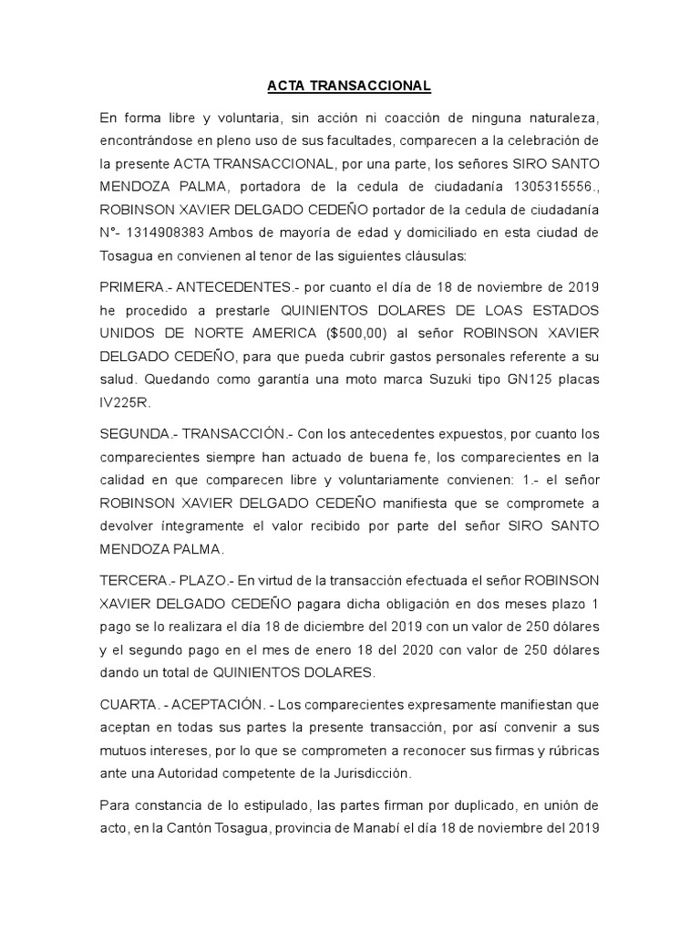 Acta Transaccional de Préstamo y Pago | PDF