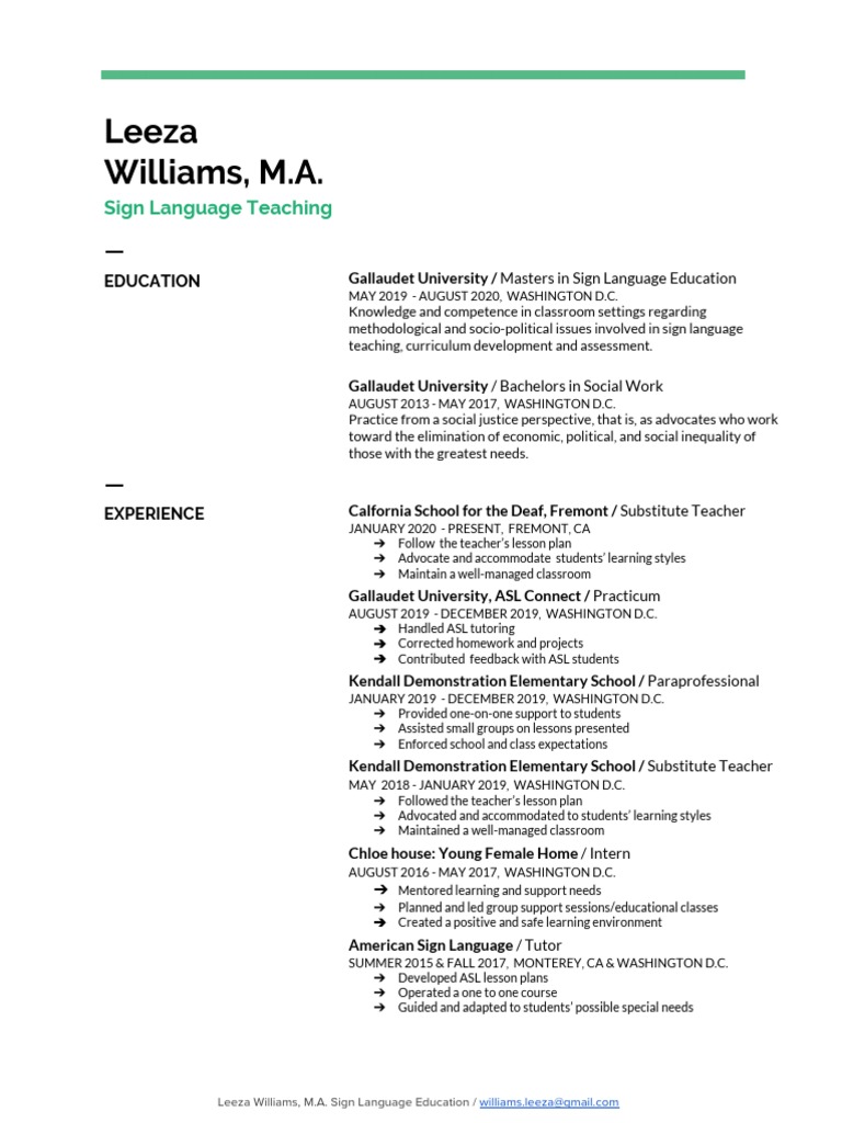 Williams CV | PDF | Sign Language | Language Education