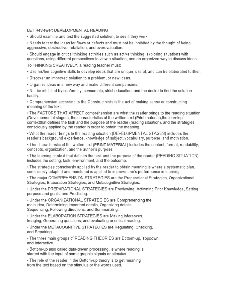 LET Reviewer Developmental Reading | PDF | Reading Comprehension | Top ...