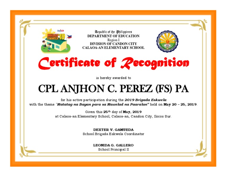 2019 BRIGADA ESKWELA Sample Certificate