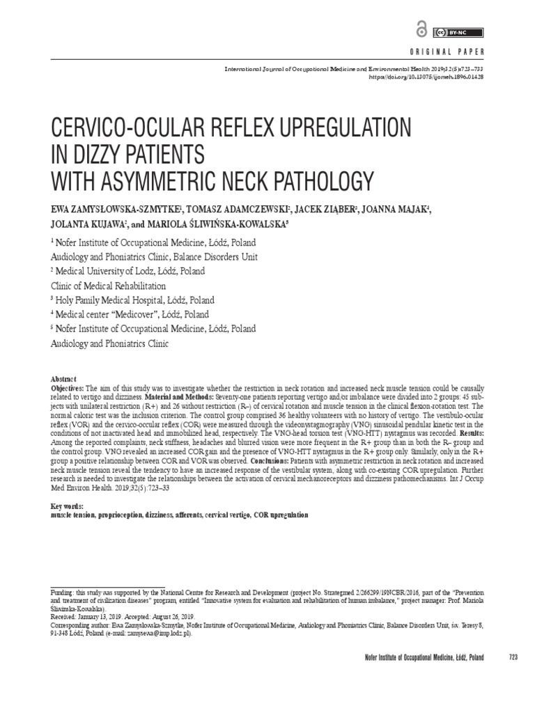 Cervico-Ocular Reflex | PDF | Vertigo | Vestibular System