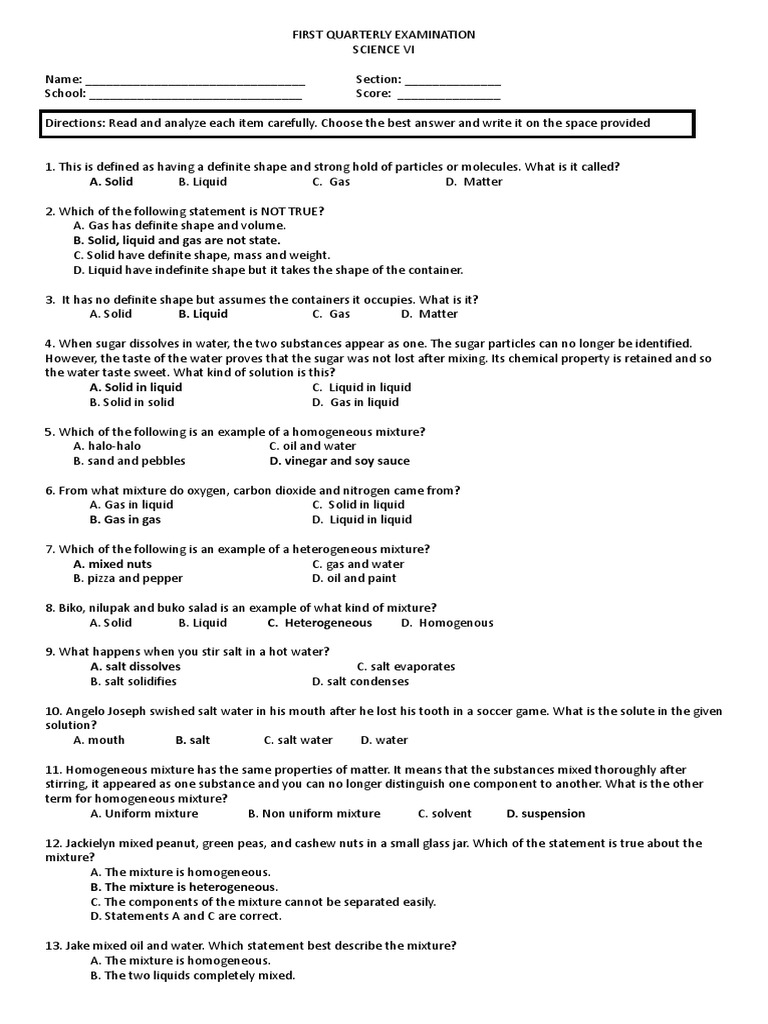 1st-Periodical-Test-SCIENCE-6 WT Levels of Understanding | PDF ...