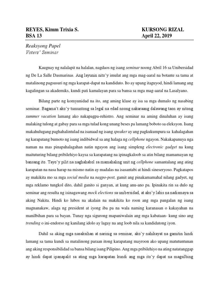 Rizal Reflection Paper Vote | PDF