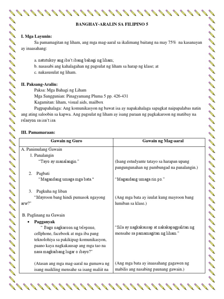 Lesson Plan in Filipino 5 Mga Bahagi NG Liham | PDF