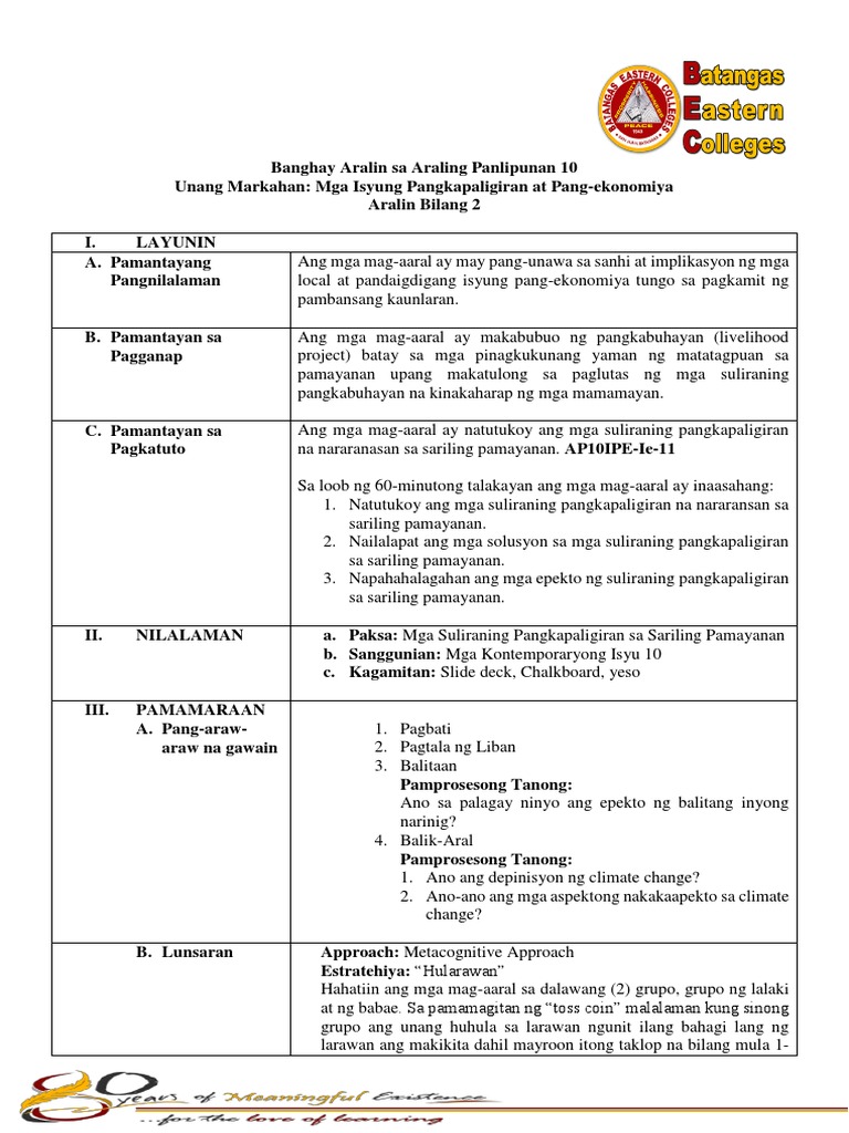 Banghay Aralin Sa Araling Panlipunan 10 | PDF