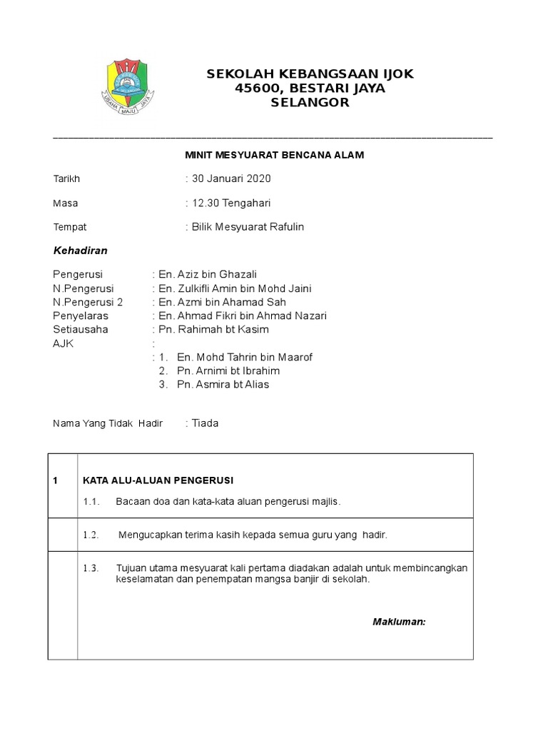 Minit Mesyuarat Bencana Alam SK Ijok | PDF