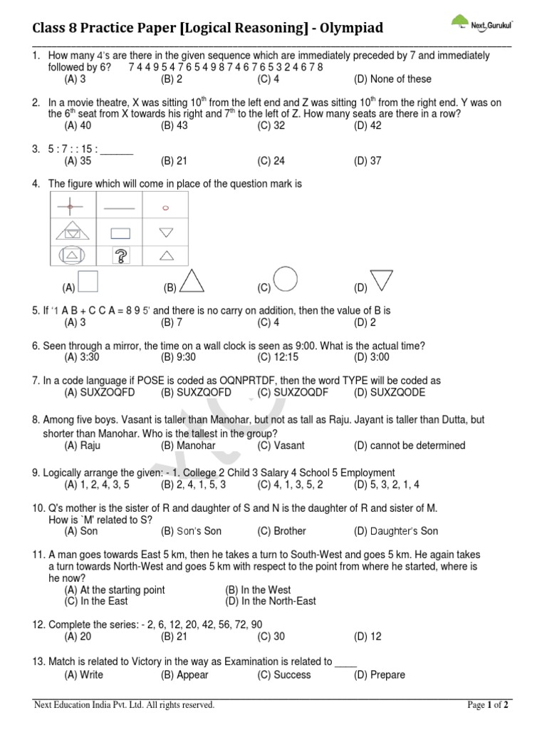 Class 8 Maths Olympiad Logical Reasoning Practice Papers PDF | PDF